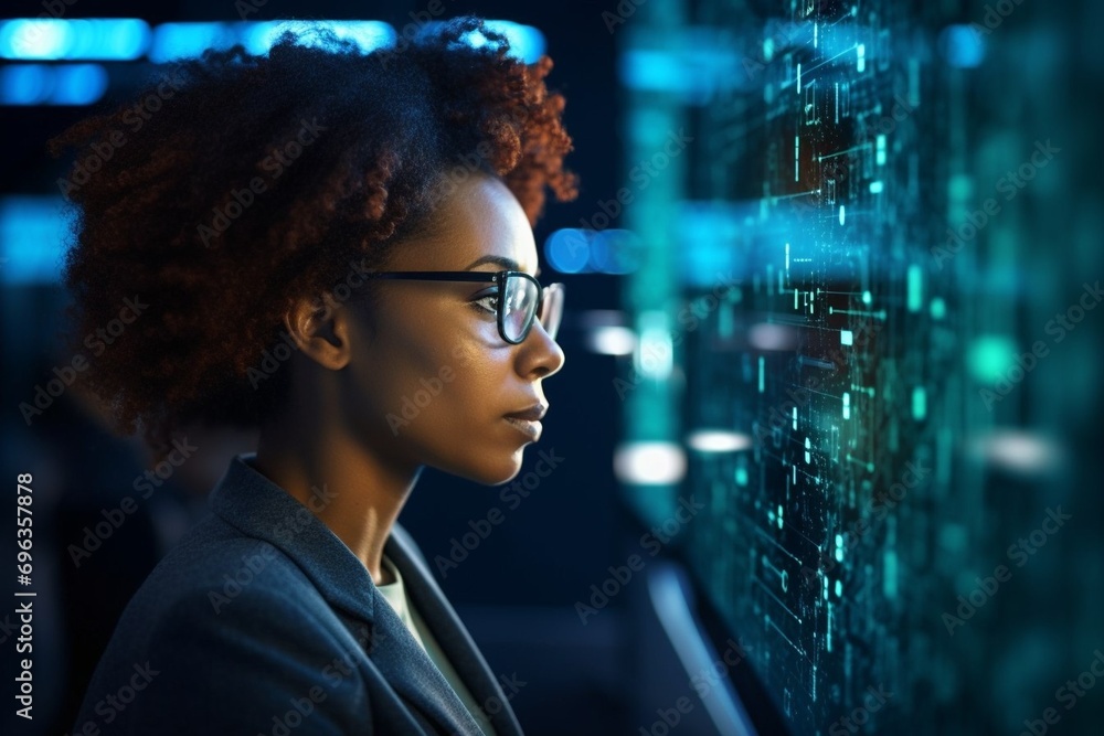 Portrait of African American woman Startup Digital Entrepreneur Working on Computer, Line of ...