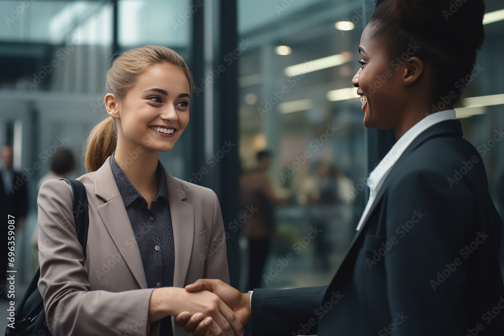 Teenage girl experiencing her first job offer, engaging in a handshake ...