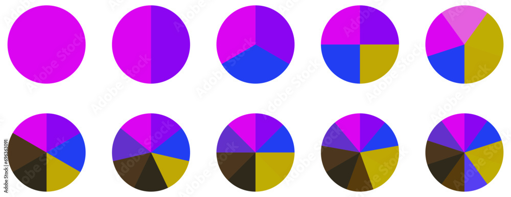 Circle pie chart set. Colorful diagram with 10 sections. Vector ...