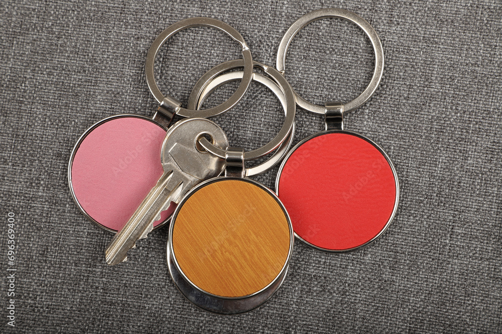 Metal and leather keychains. Colorful one side leather; Square ...