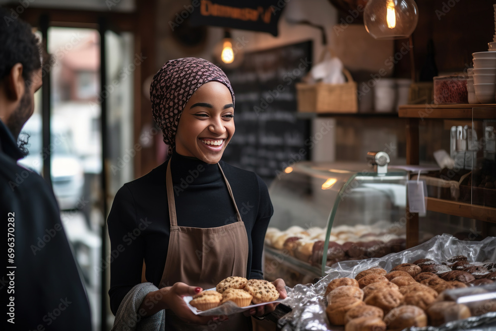 A smiling female baker, who's also the shop owner, offering exemplary ...