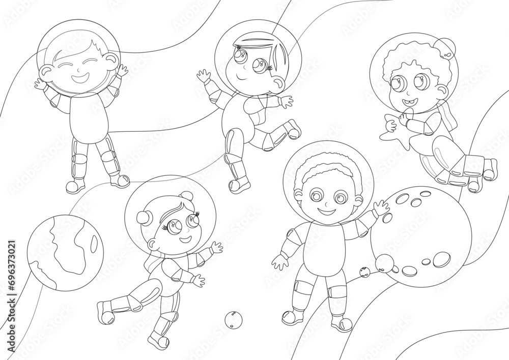 Coloring page. Children of a girl and a boy in astronaut costumes are ...