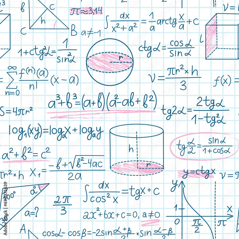 Math formulas. Lined sheet in cage, geometric drawings and theorems ...