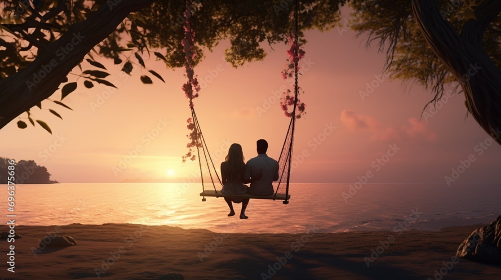 A romantic scene with lovers sitting on a beach swing, facing the sea ...