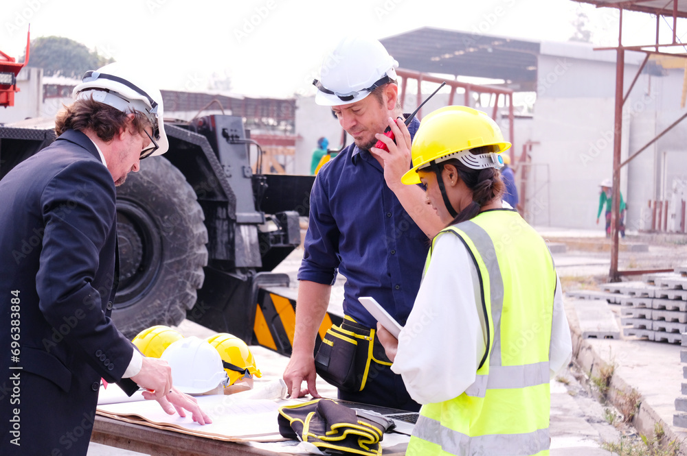 Engineers meet, design, and plan building structures at construction ...