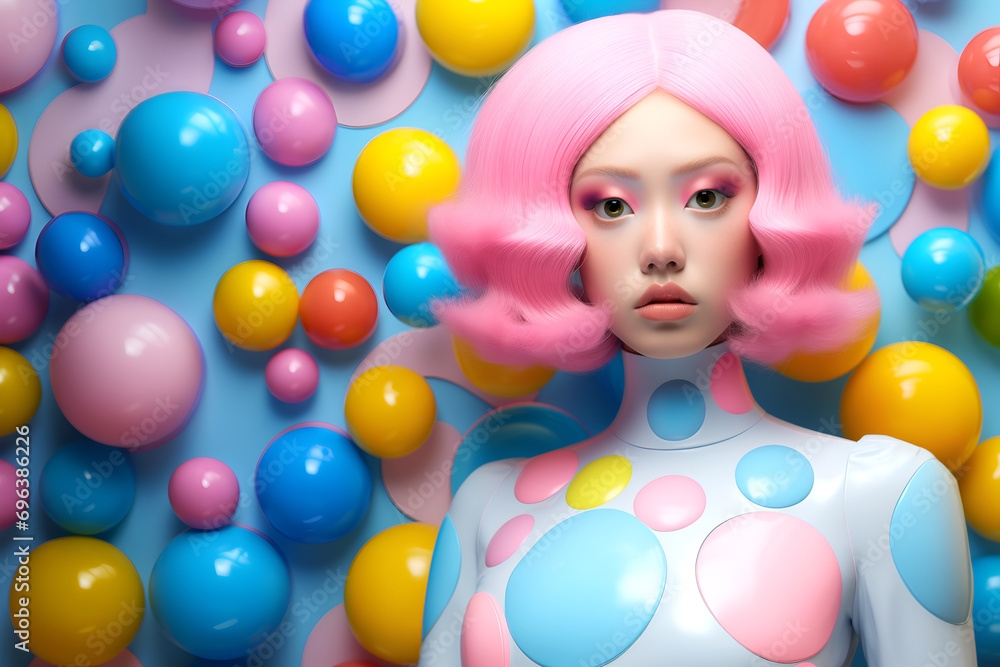 Fashion surreal Concept. Futuristic sci-fi pink wig woman porcelain ...