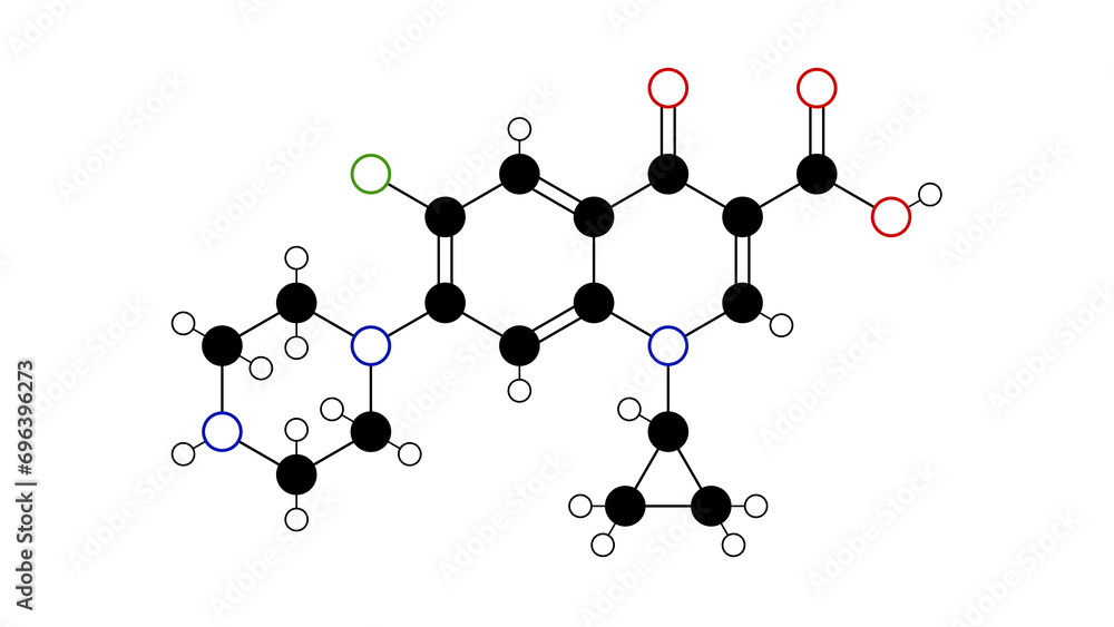 ciprofloxacin molecule, structural chemical formula, ball-and-stick ...