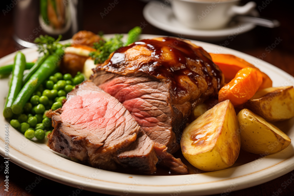 A traditional Sunday roast, featuring a tender cut of roast beef ...