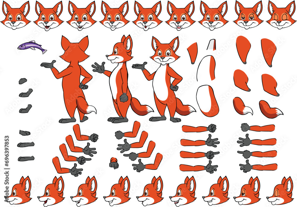 Vector cartoon style fox character for animation. Different emotions ...