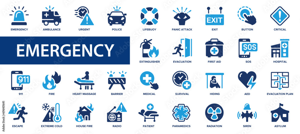 Emergency flat icons set. SOS, ambulance, urgency, police, medical ...