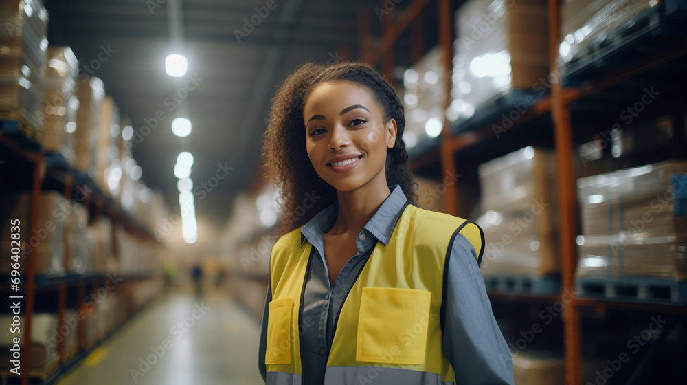 warehouse worker take flat box from shelf in big warehouse factory ...