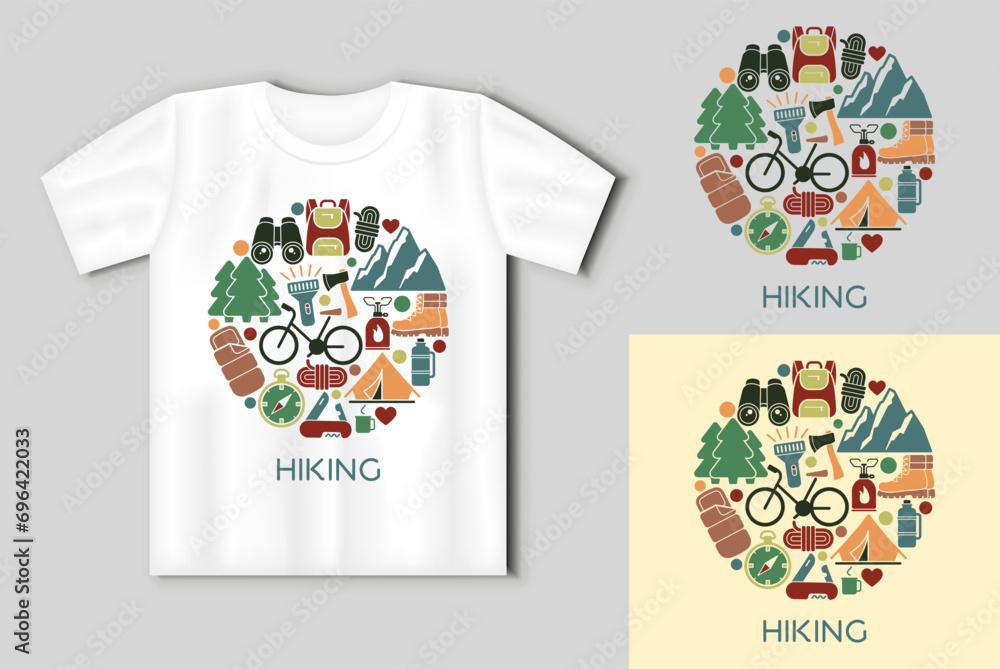 Flat icons in the shape of a circle the theme of hiking and outdoor ...