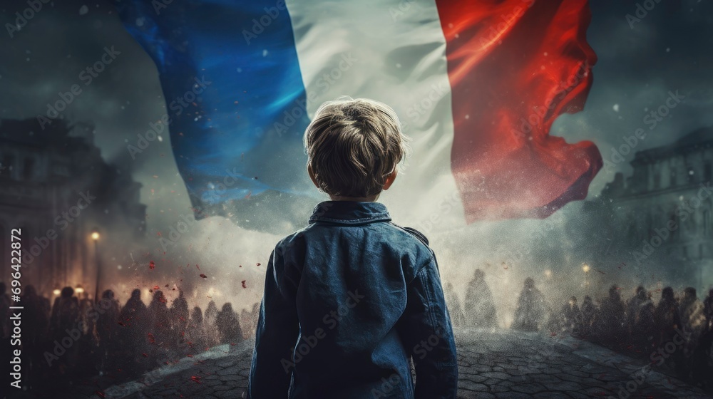 Little boy looking at the French flag. French National Day. French ...