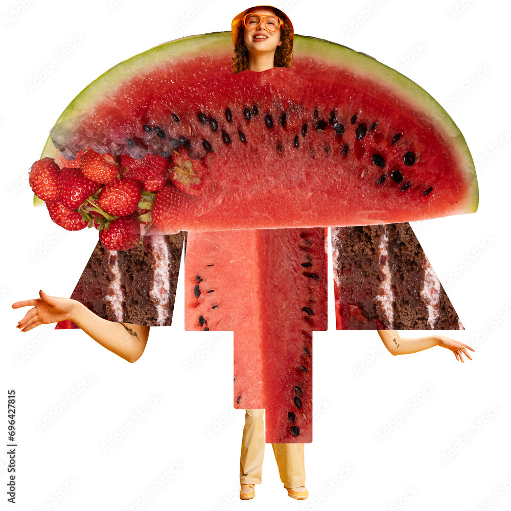 Balance of food types. Young smiling woman with body covered with ...