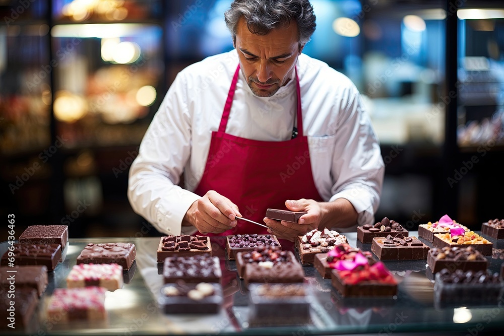 portrait d'un artisan confiseur chocolatier au travail dans sa boutique ...