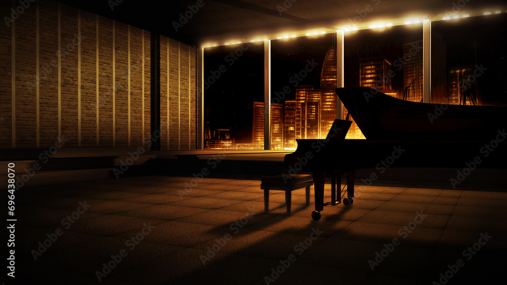 Piano virtual set, studio background with a grand piano. City music ...