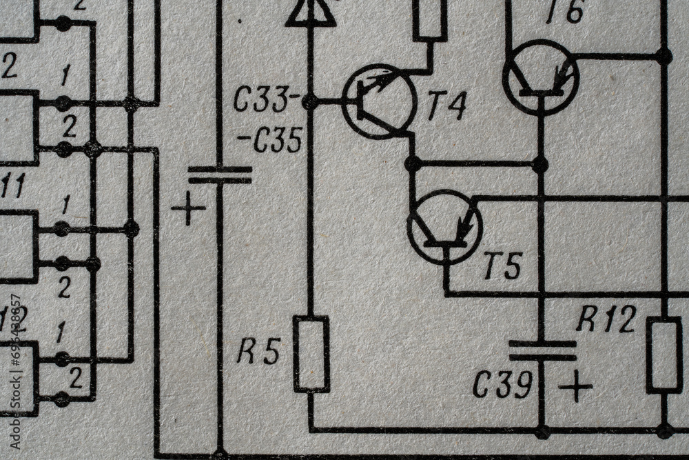 Old radio circuit printed on vintage paper electricity diagram as ...