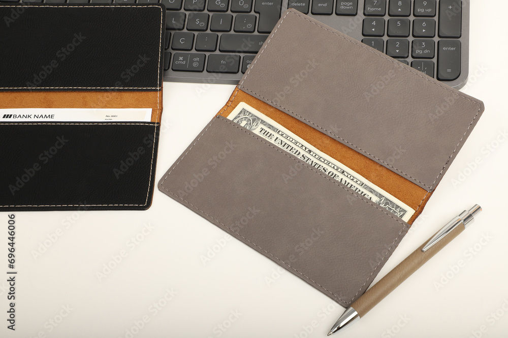 Colorful leather checkbook. Genuine leather checkbook, concept shot ...