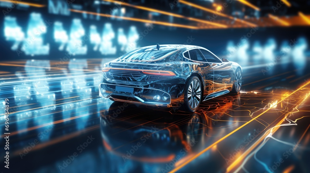 A futuristic sleek and aerodynamic car driving through a neon-lit ...