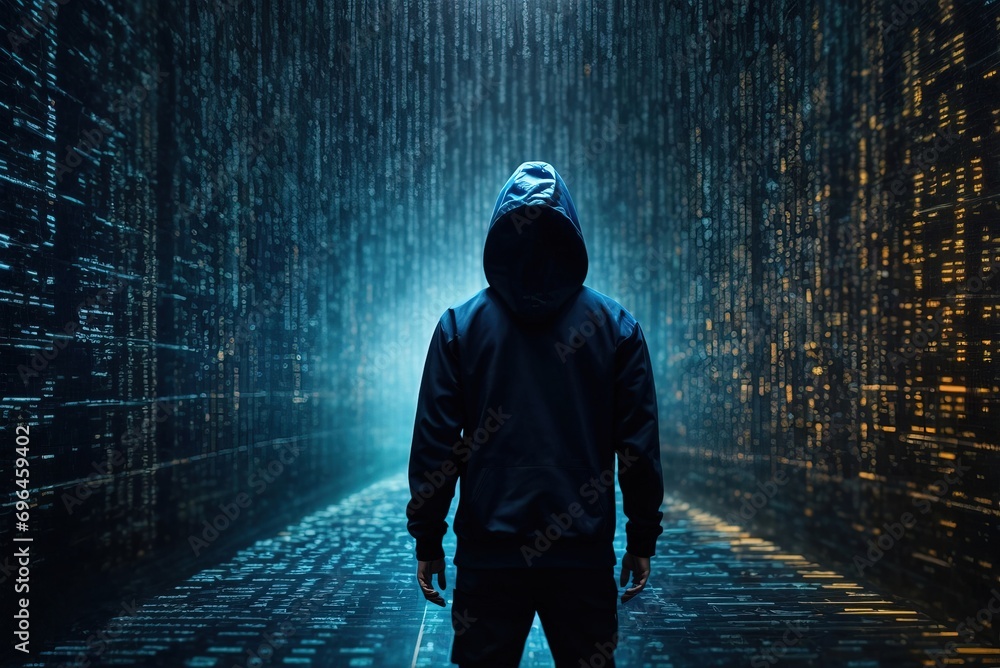 Blue binary code, forming a silhouette of a hacker in a hoodie, dynamic ...