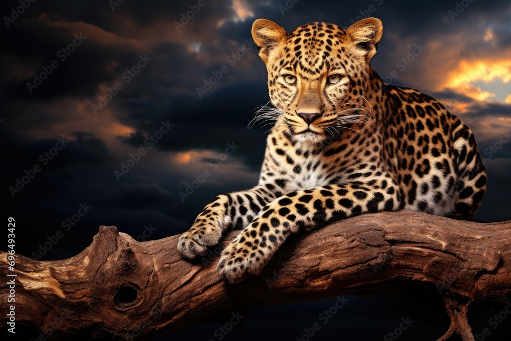 Leopard lying on a branch with dramatic sky and clouds background ...