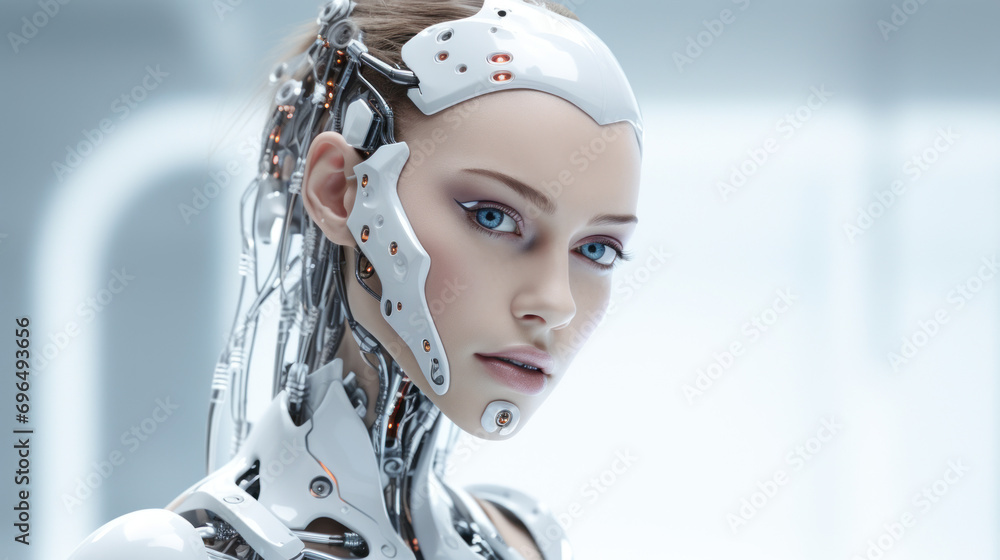 Beautiful femal android robot in white shell armor. Futuristic concept ...