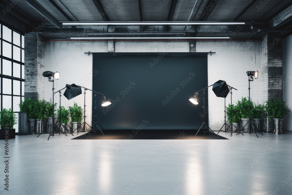 Interior of modern photo studio with empty black wall and equipment ...
