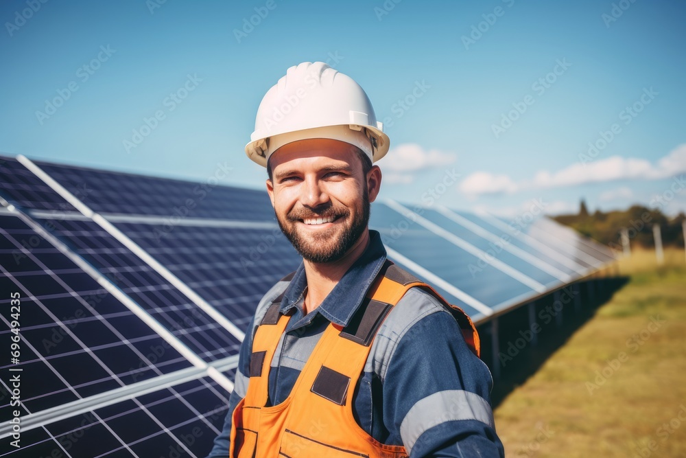 Foto de Engineer walking in solar farm through solar panel field ...