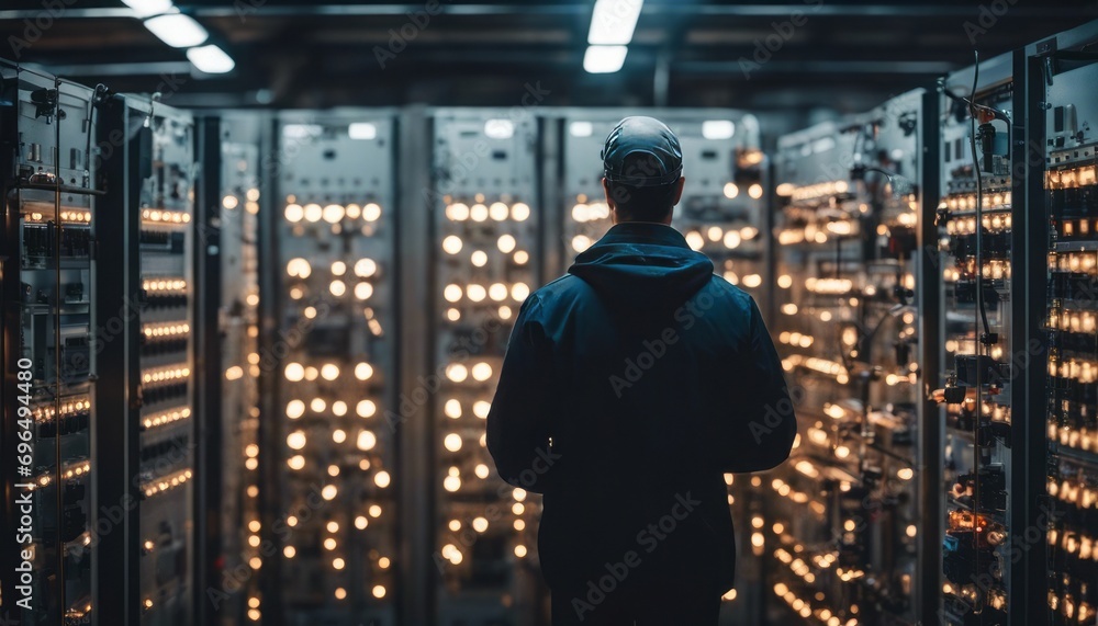 Back view of a professional electrician standing at the electrical ...