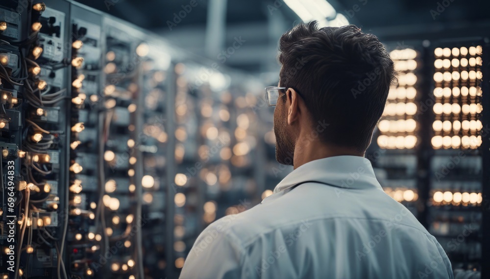 Back view of a professional electrician standing at the electrical ...