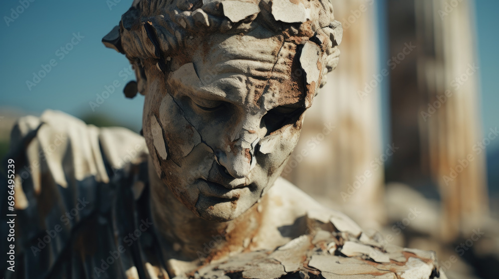 Foto de Ancient statue sculpture cracked and crumbled. Cultural art heritage degradation ...