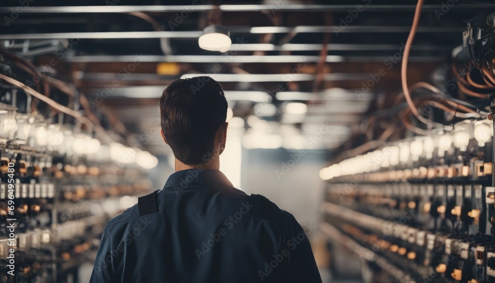 Back view of a professional electrician standing at the electrical ...