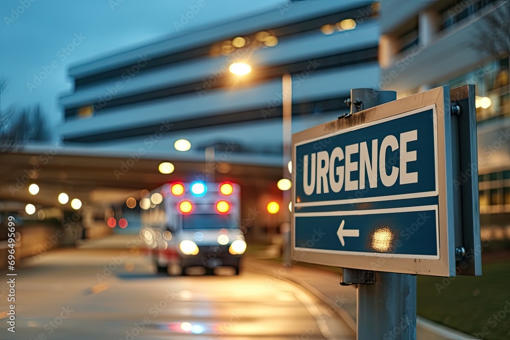 Urgence sign in front of a hospital with an ambulance in background ...