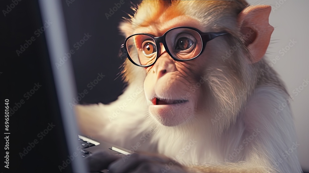Anthropomorphic monkey with glasses working concentrating at a laptop ...