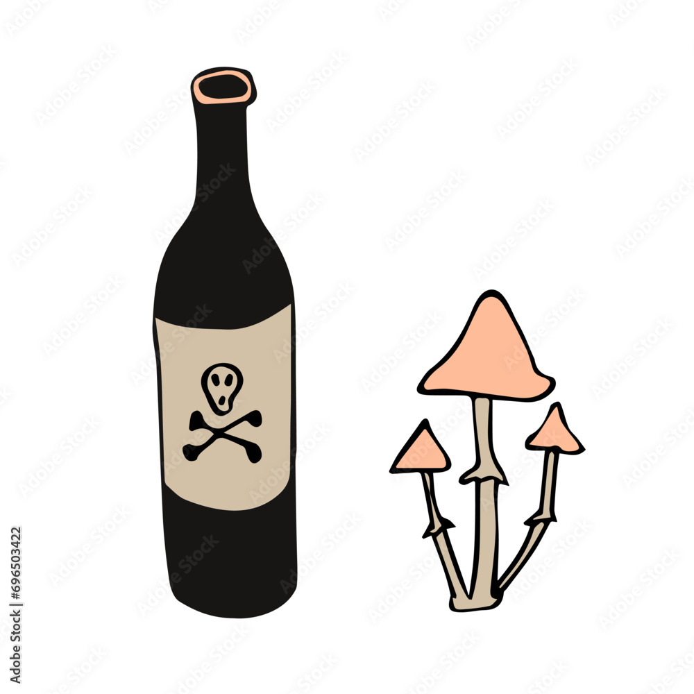 Bottle of poison and poisonous mushrooms. Witch's kit, poison ...