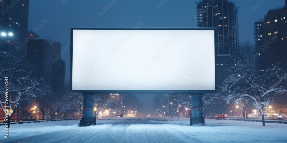 A billboard stands tall in the middle of a snowy city. Perfect for ...