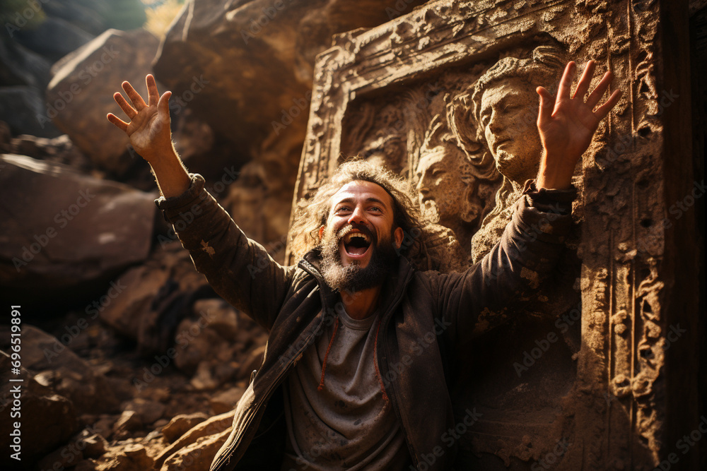 archaeologist with arms raised in elation as they uncover a significant ...