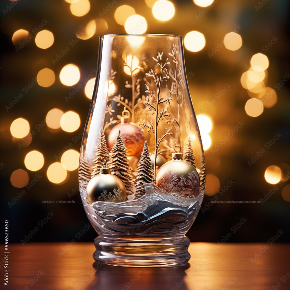 A festive tableau captured in a glass, adorned with Christmas ornaments ...