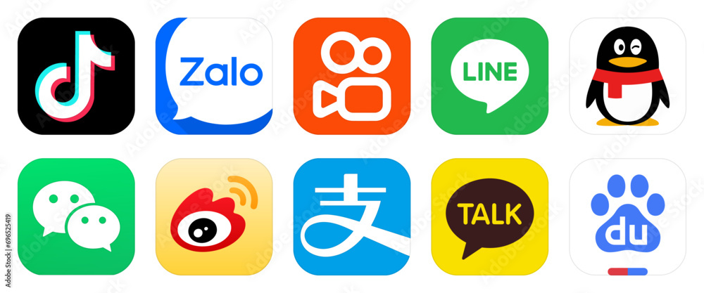 Set of popular Asian app icons. Wechat, Weibo, Line, Tiktok, QQ, Alipay ...