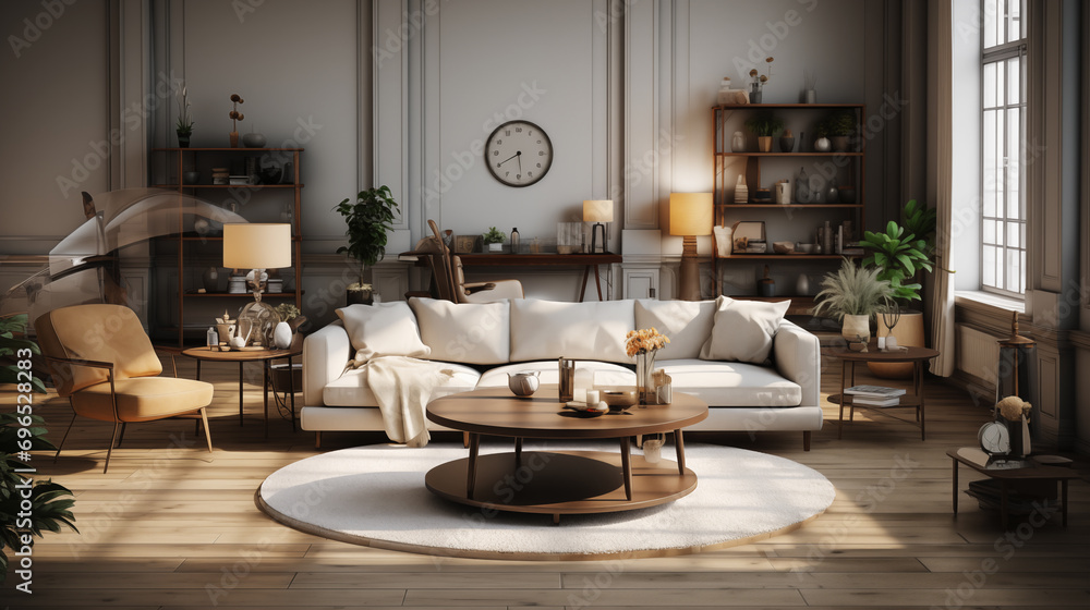 Photo of an interior with furniture with organic, curved forms, radial ...