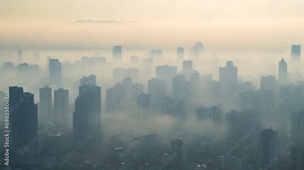Thick PM2.5 fog covers skyscrapers and buildings.Haze and fog are ...