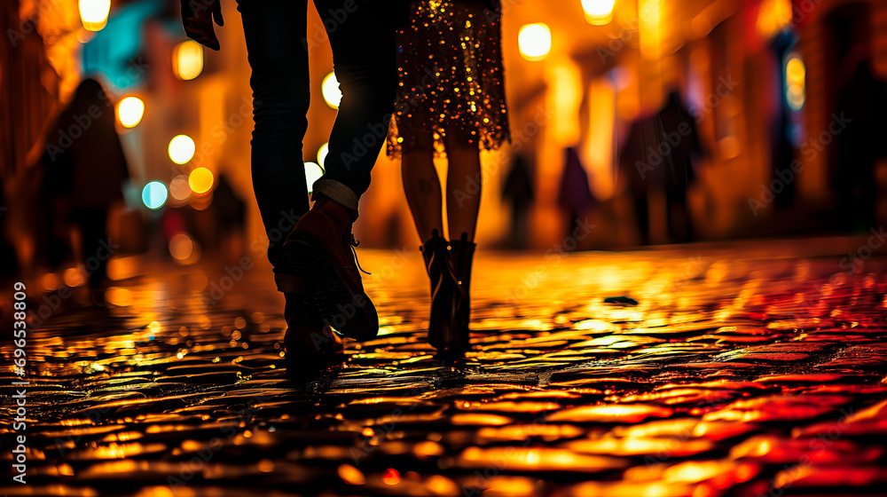 Young woman with a short skirt and high heels, walking on a city street ...