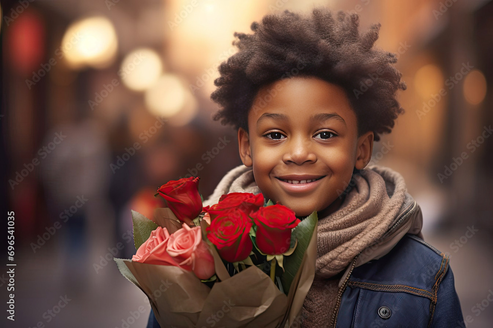 child holding flower. Smiling boy with an African-American hairstyle ...