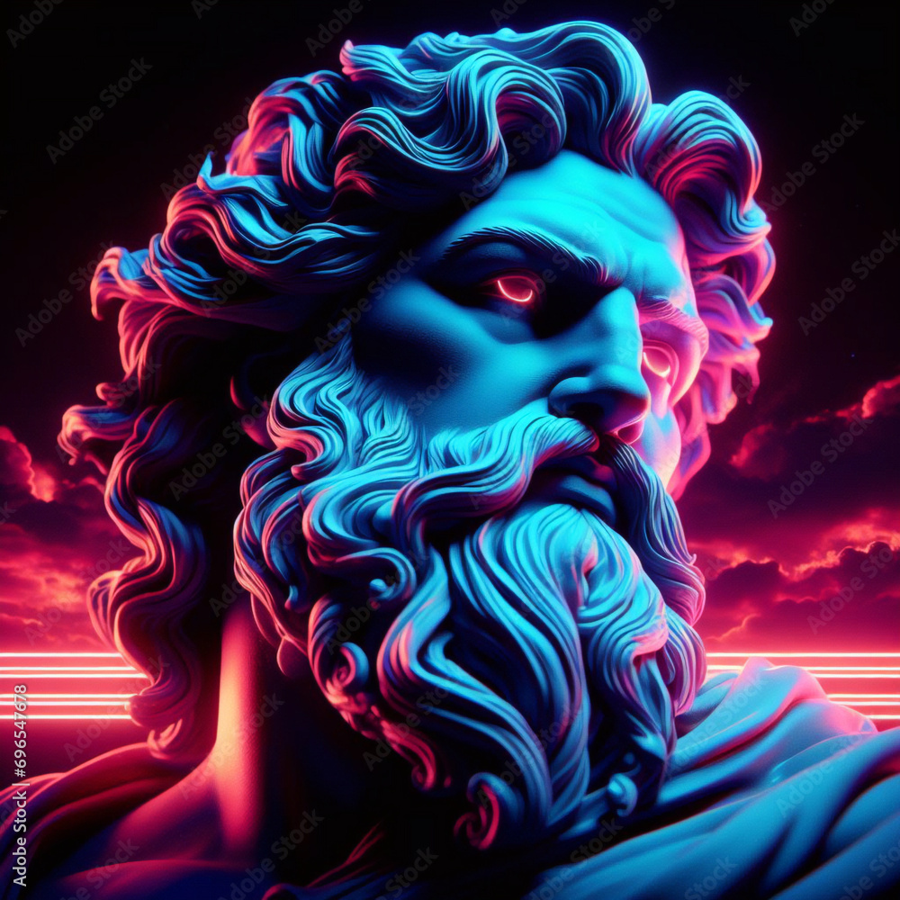 Greek god sculpture in retrowave city pop design, vaporwave style ...