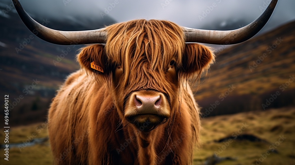 An endearing and close-up image featuring a Highland cow with ...