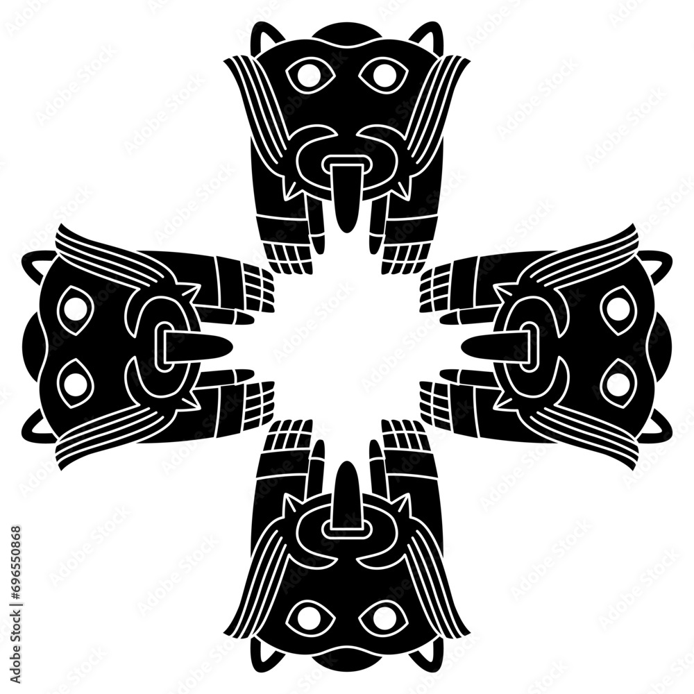 Cross shape ornament or frame with four fantastic animals. Andean ...