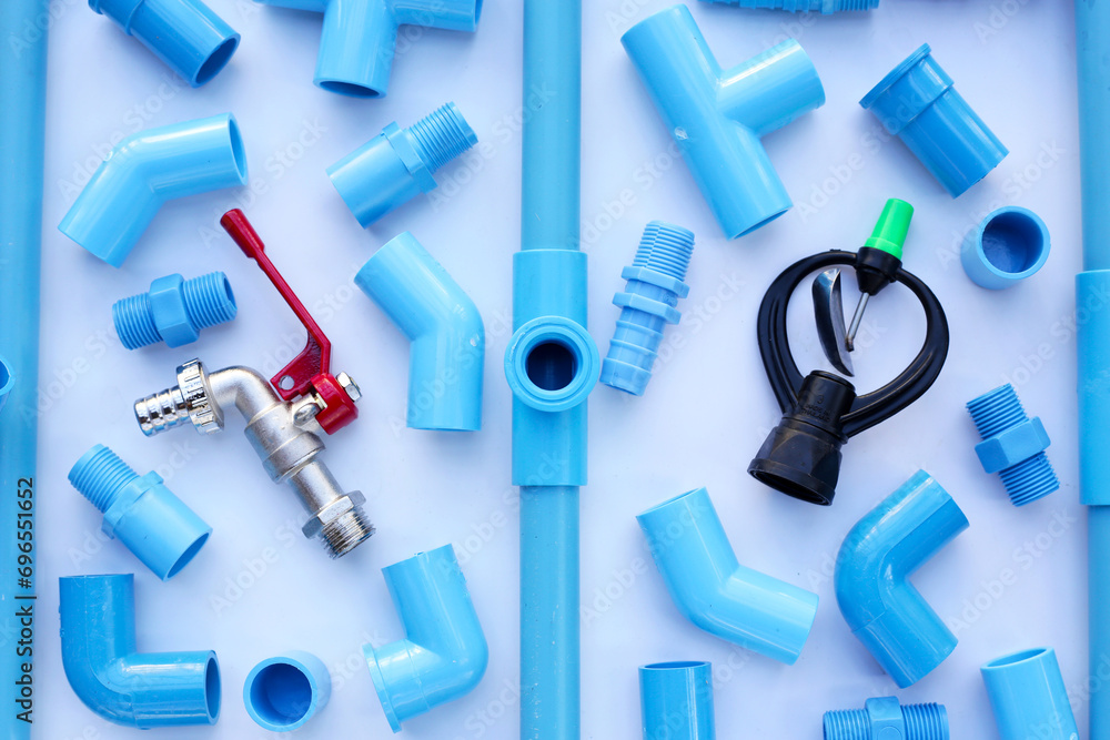 Plumber equipment with blue pvc pipe connections for plumbing work ...