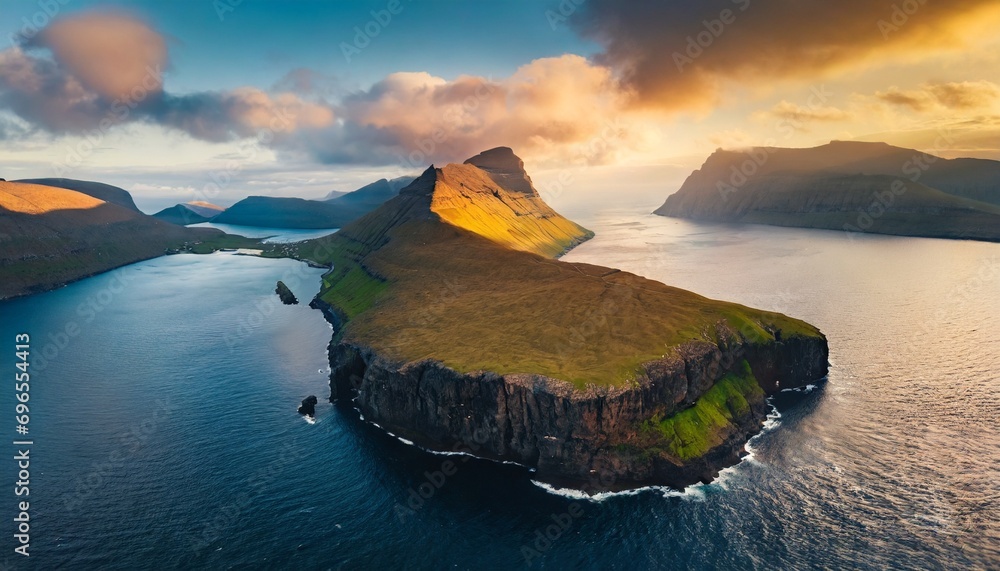 magnificent evening view from flying drone of sorvagsvatn lake vagar ...