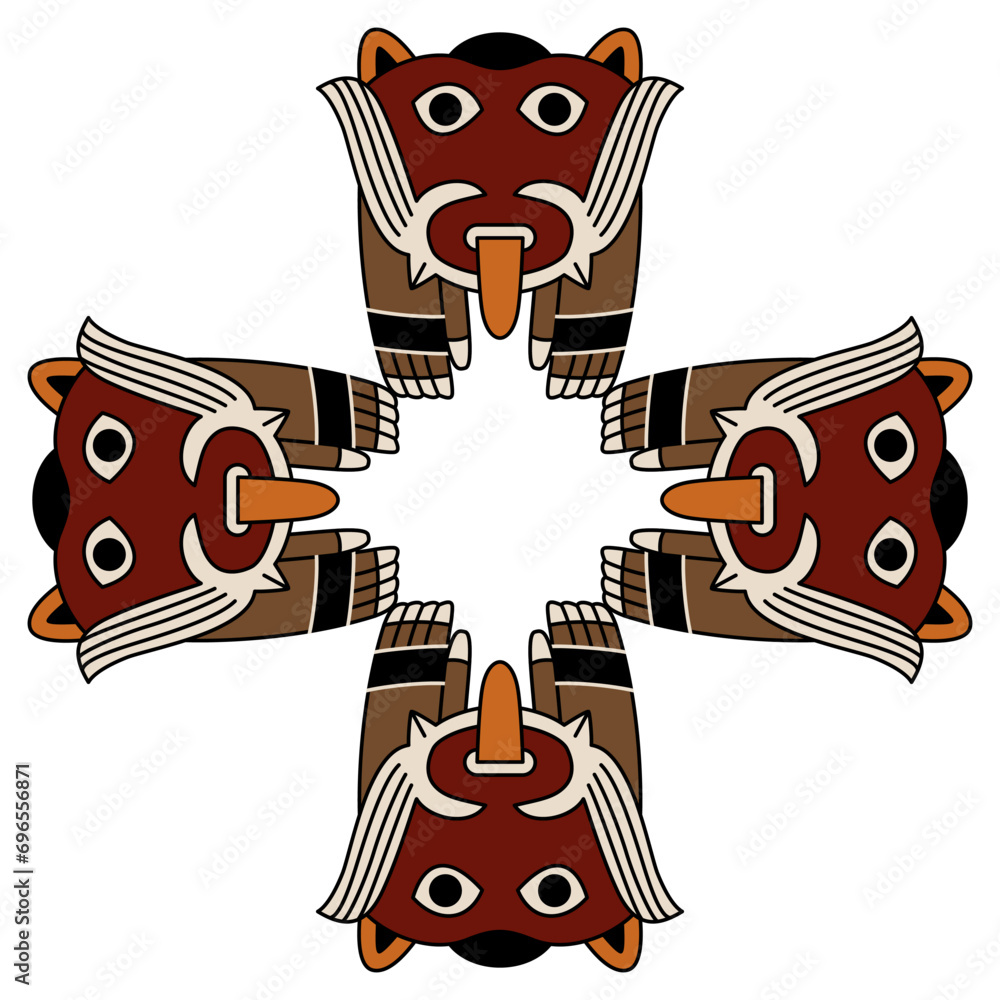 Cross shape ornament or frame with four fantastic animals. Andean ...