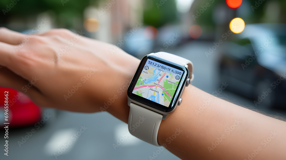 Person using a smartwatch to navigate with a city map application ...